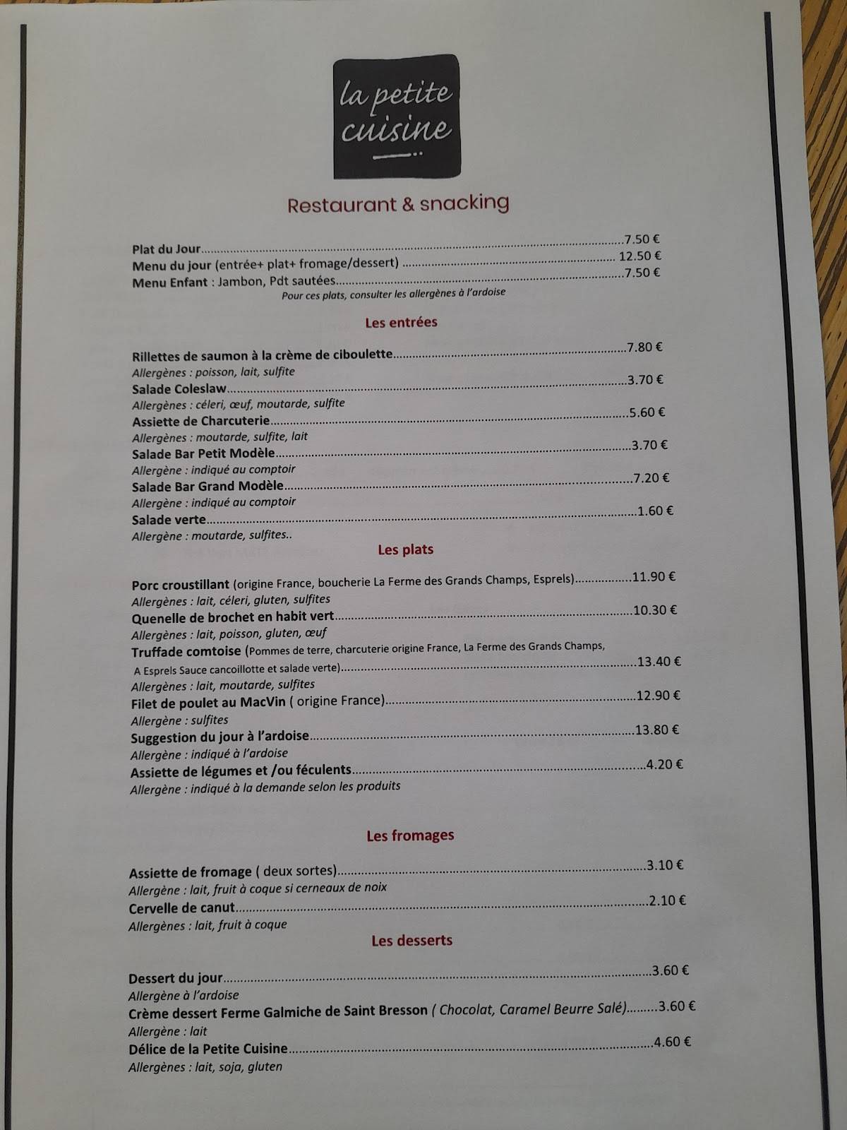 Menu at La Petite Cuisine restaurant, Vesoul