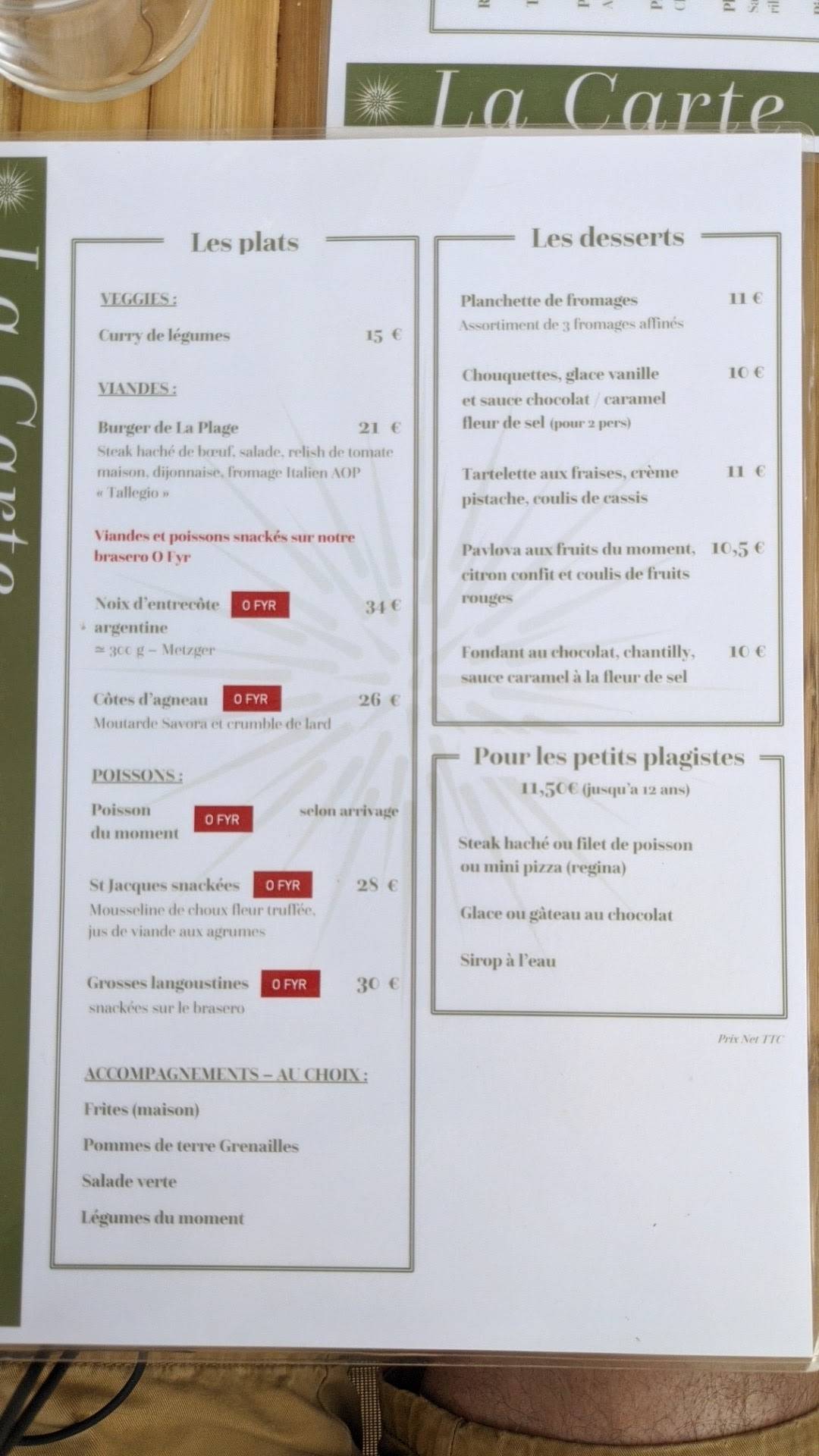 Menu au La Plage restaurant, Rivedoux-Plage, Sablanceaux