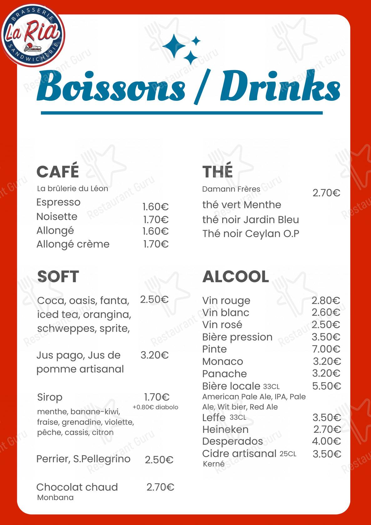 Menu au La Ria Restauration Rapide, Bar, Le Conquet