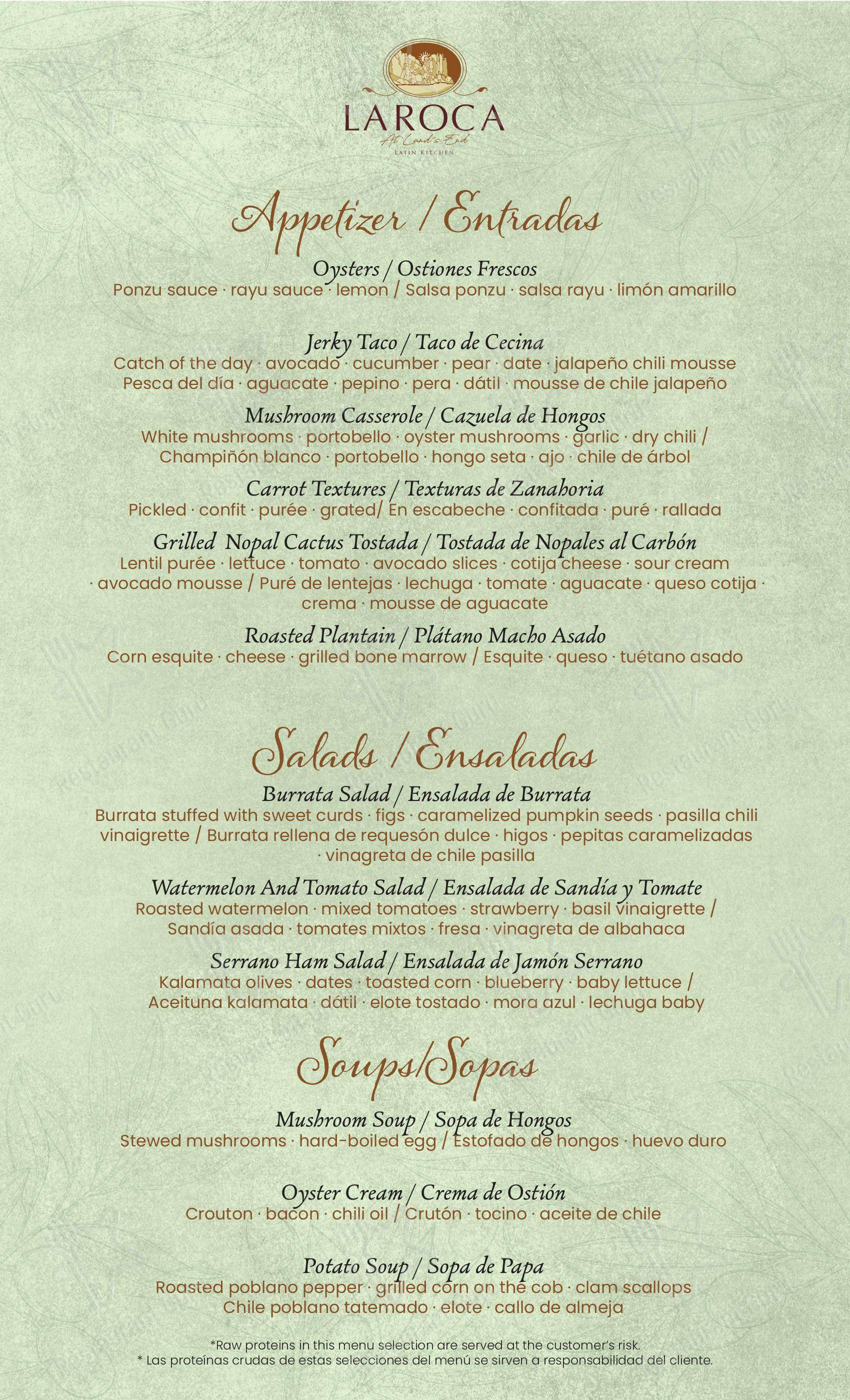 Menu at La Roca restaurant, Cabo San Lucas, Av Solmar 1B