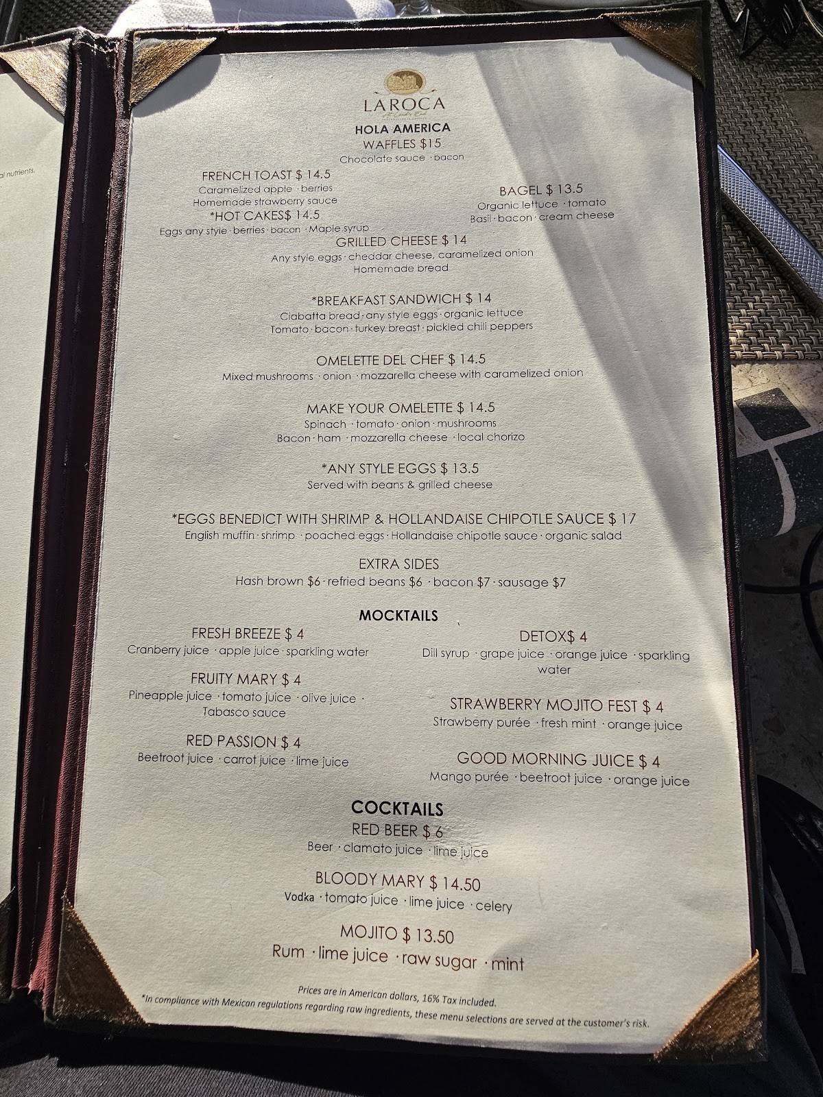 Menu at La Roca restaurant, Cabo San Lucas, Av Solmar 1B