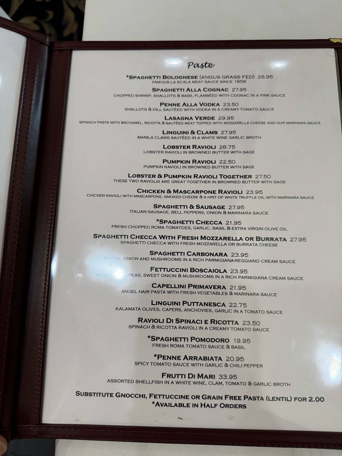 Menu at La Scala restaurant, Beverly Hills