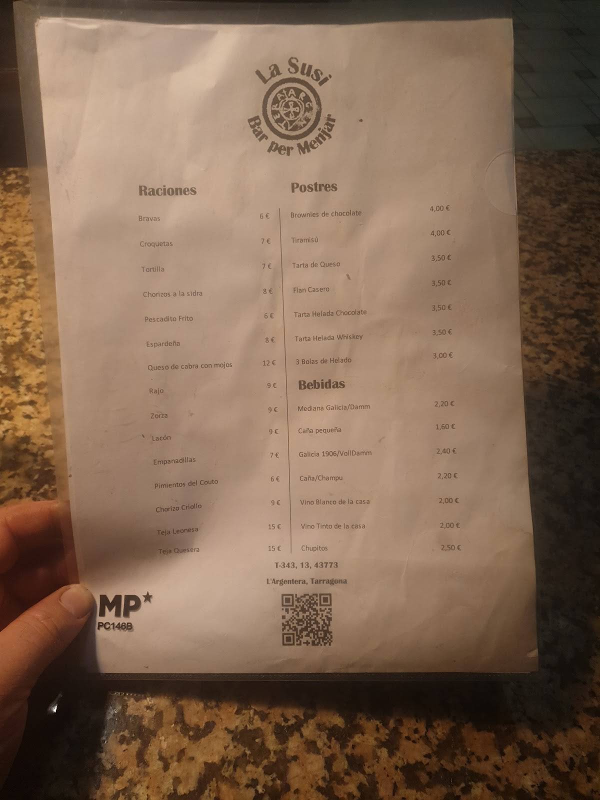 Carta de La Susi Bar, La Argentera