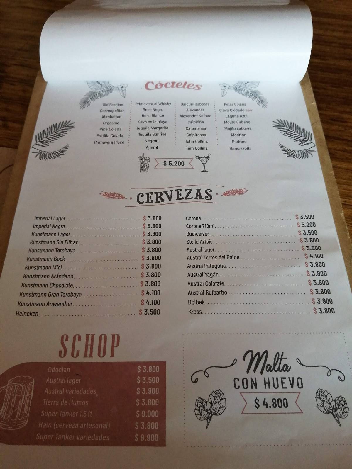 Carta del pub y bar La Tabla, Punta Arenas