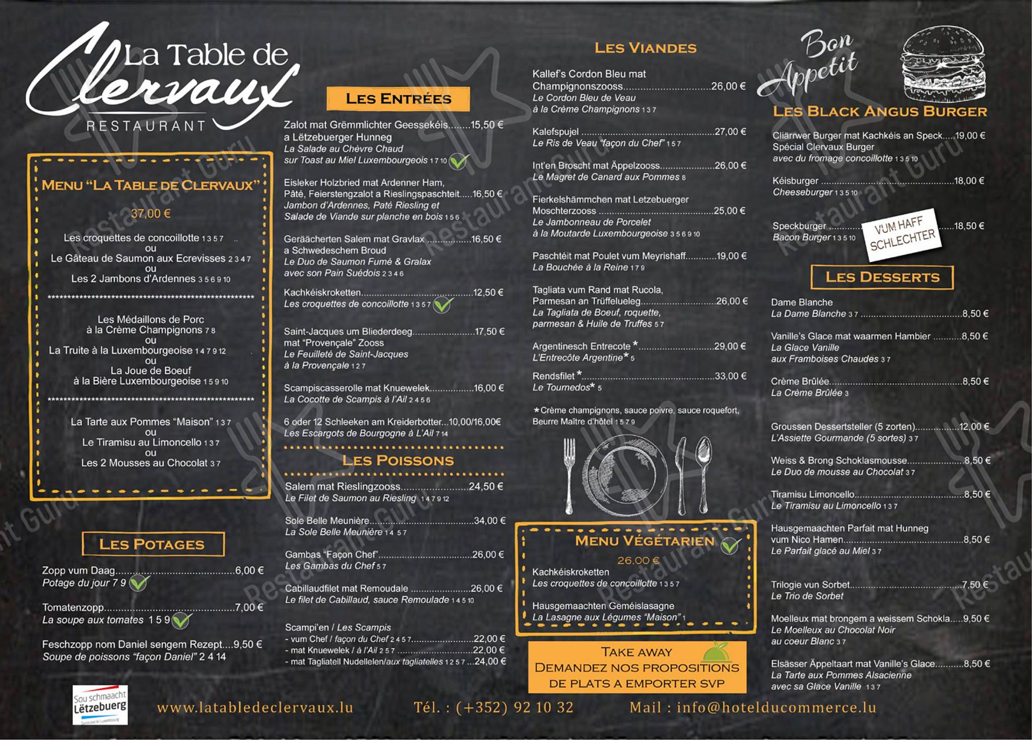 Speisekarte von La Table de Clervaux restaurant, Clerf, 2 Rte de Marnach
