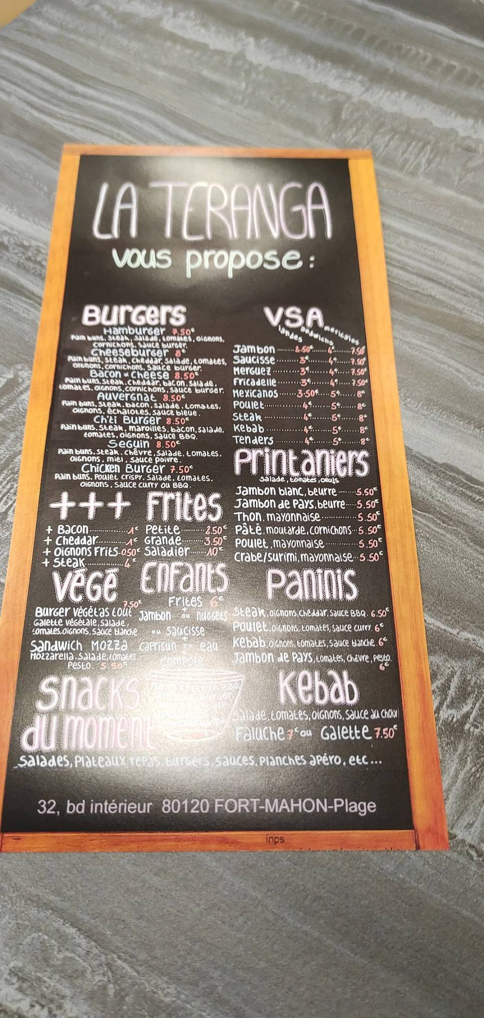 Menu au La Teranga restaurant, Fort-Mahon-Plage