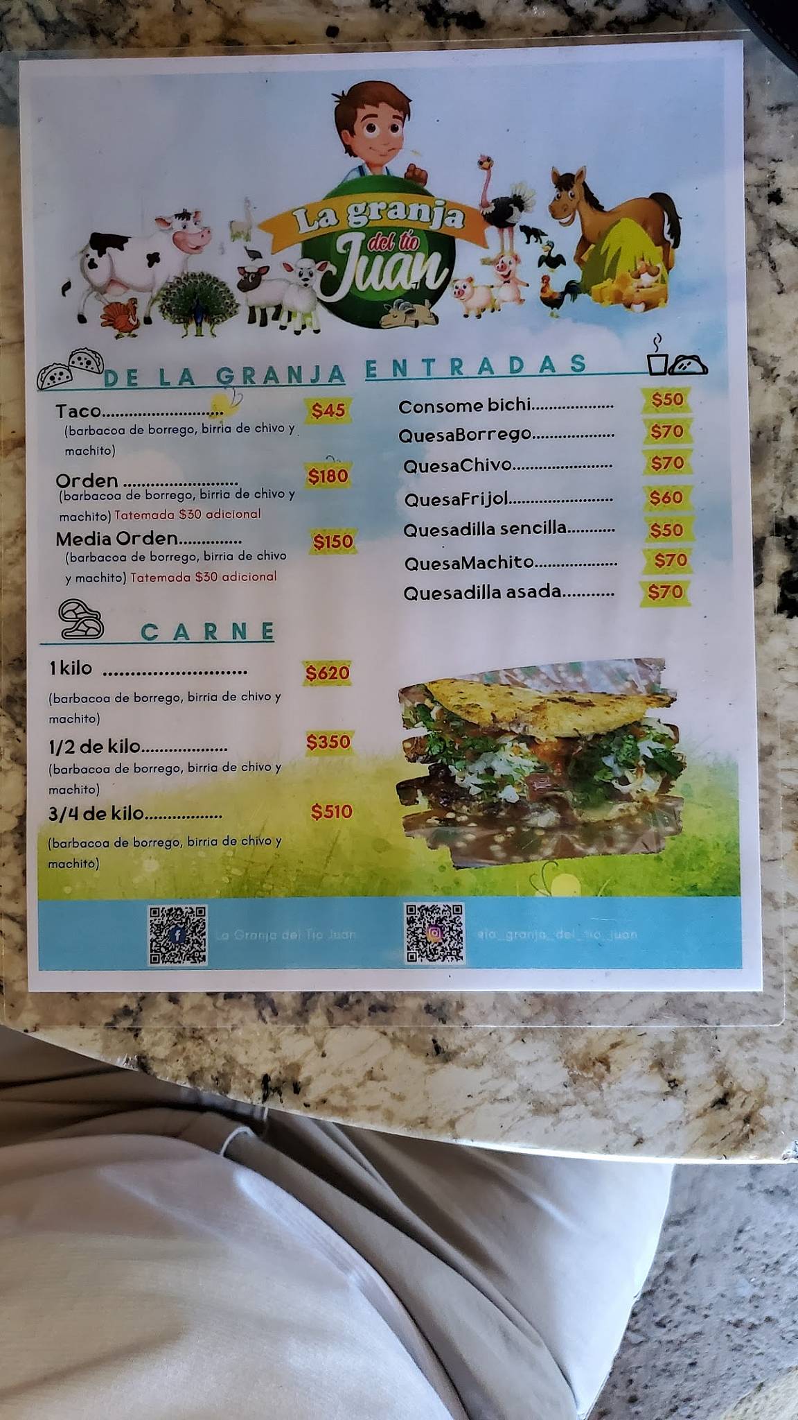 Carta del restaurante La granja del Tío juan, La Rumorosa, Desviación ...