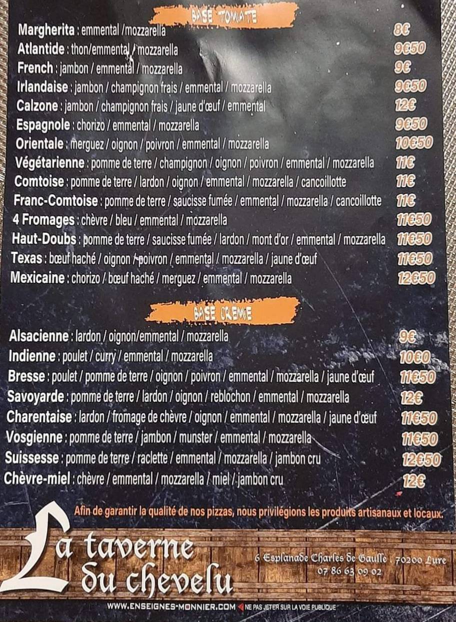Menu au La taverne du chevelu restaurant, Lure