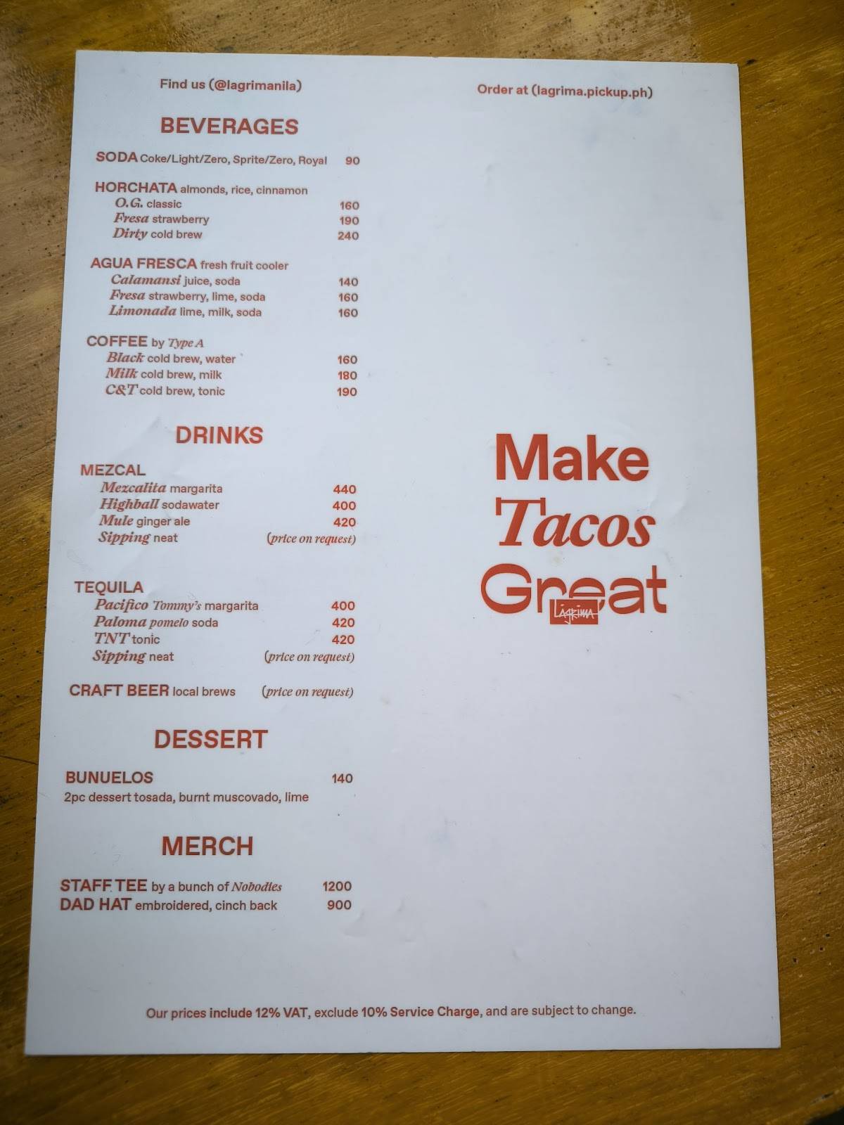 Menu at Lágrima San Juan restaurant, San Juan
