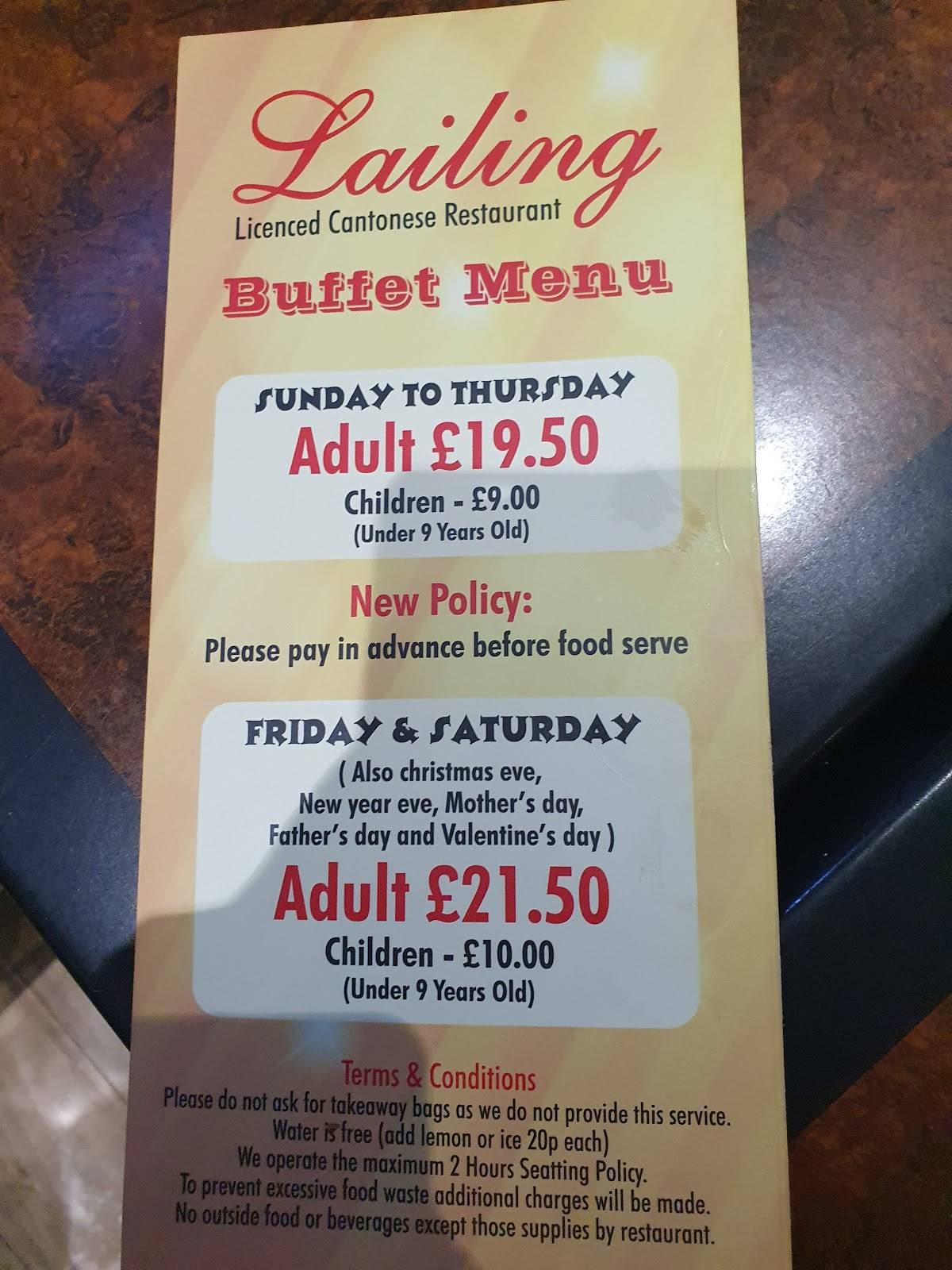 Menu at Lai Ling restaurant, Birmingham, 429 Lickey Rd