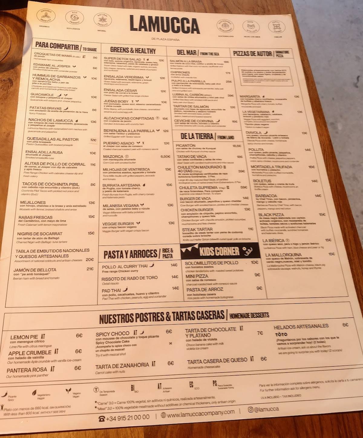 Carta del restaurante Lamucca De Plaza De España, Madrid