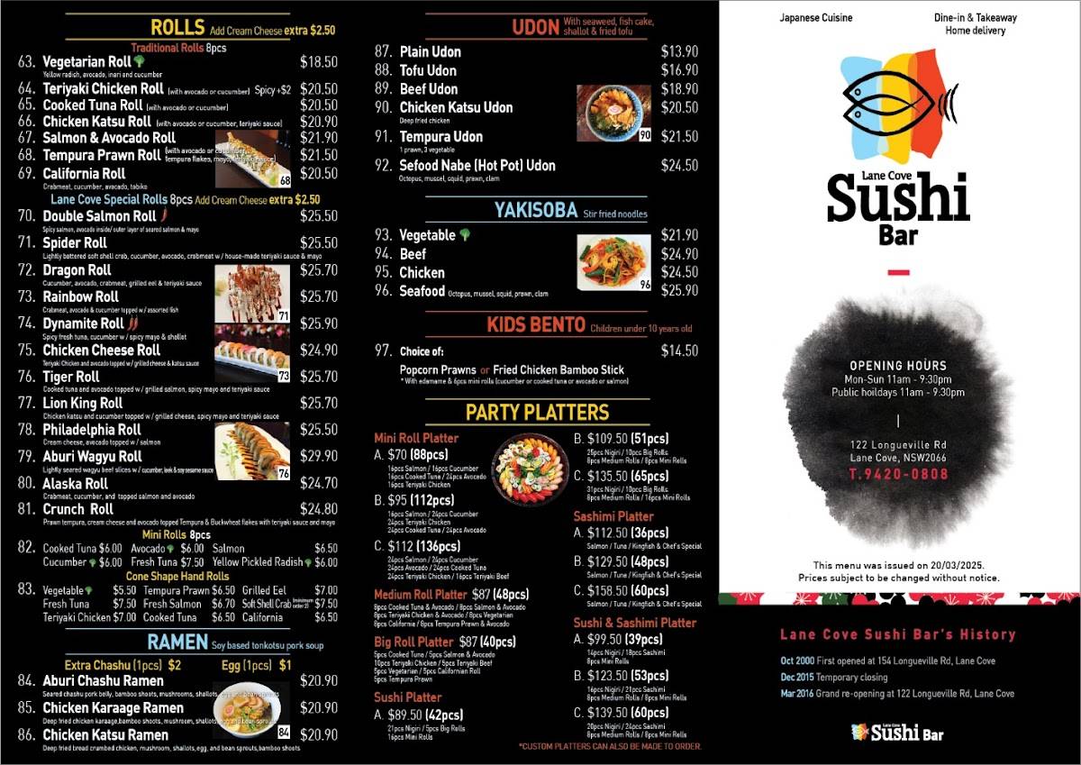 Menu at Lane Cove Sushi Bar, Lane Cove