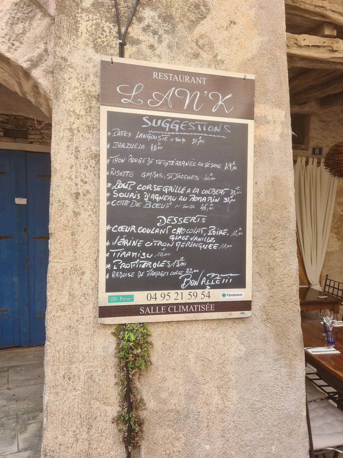 Menu au LAN'K restaurant, Bonifacio