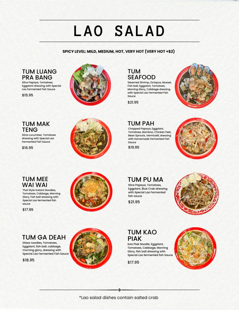 Carta del restaurante Lao Kitchen, Las Vegas