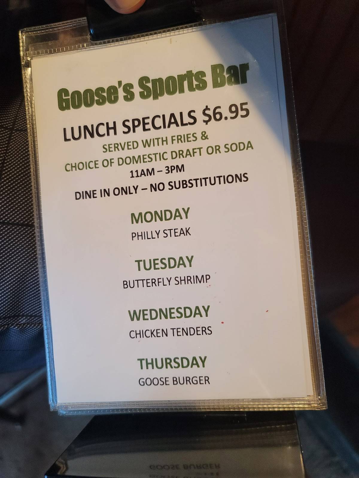 Menu at Goose's Sports Bar, Largo