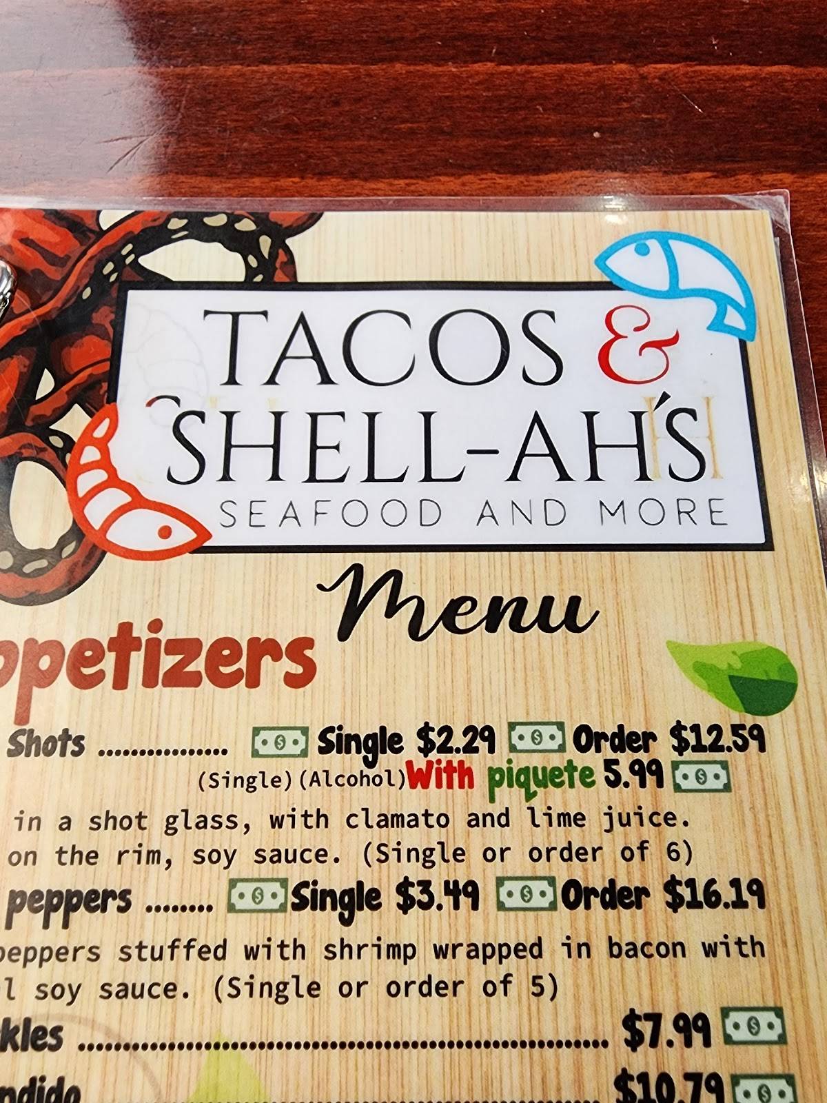 Menu at Tacos & Shell-ah’s restaurant, Las Cruces