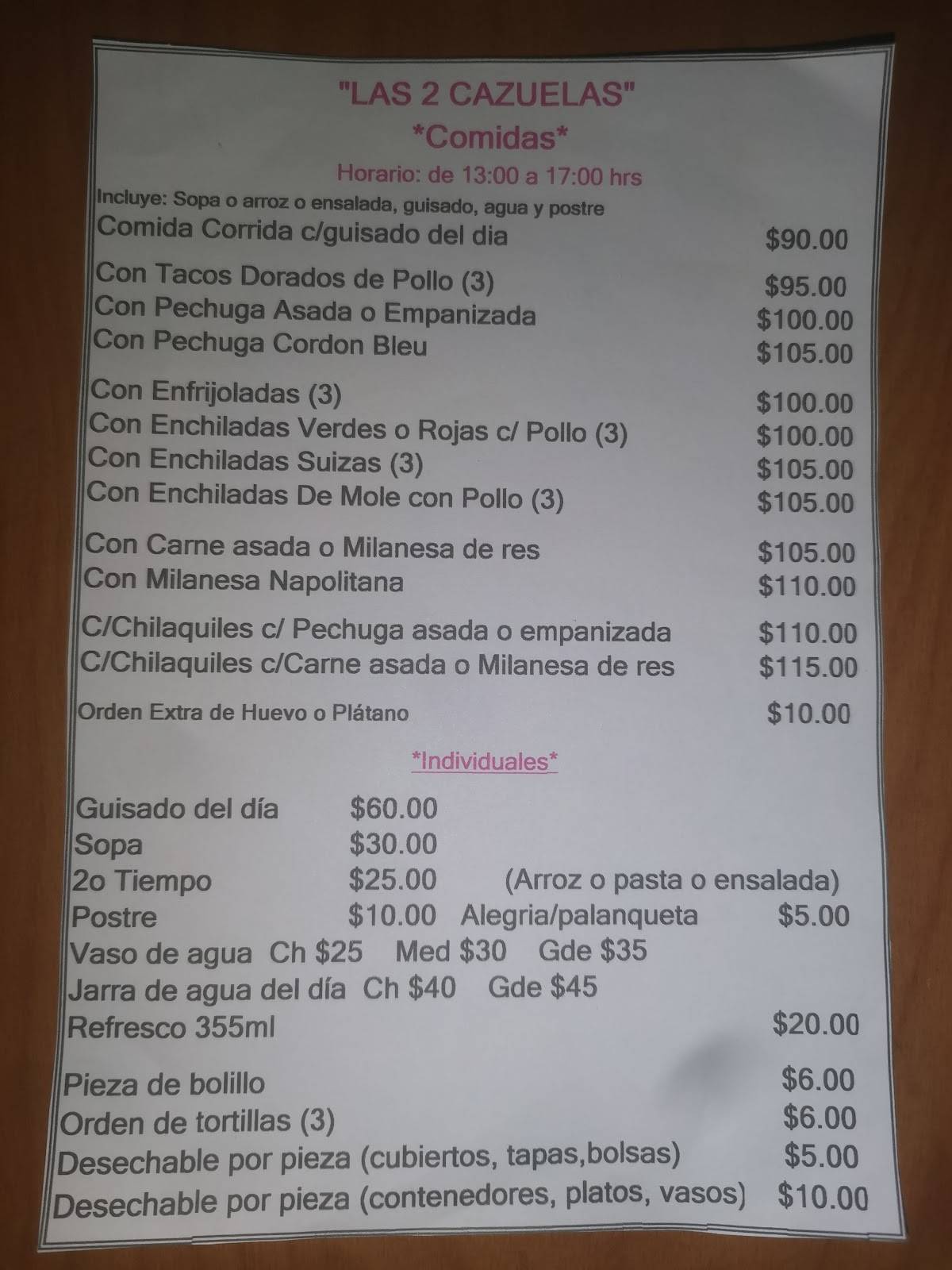 Menu at "Las Dos Cazuelas" restaurant, Mexico City