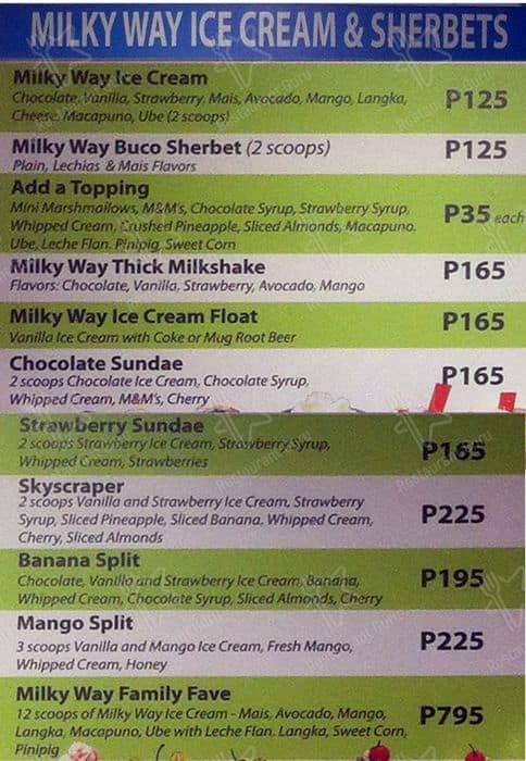 Menu at Milky Way restaurant, Las Pinas, Blk 1 Lot