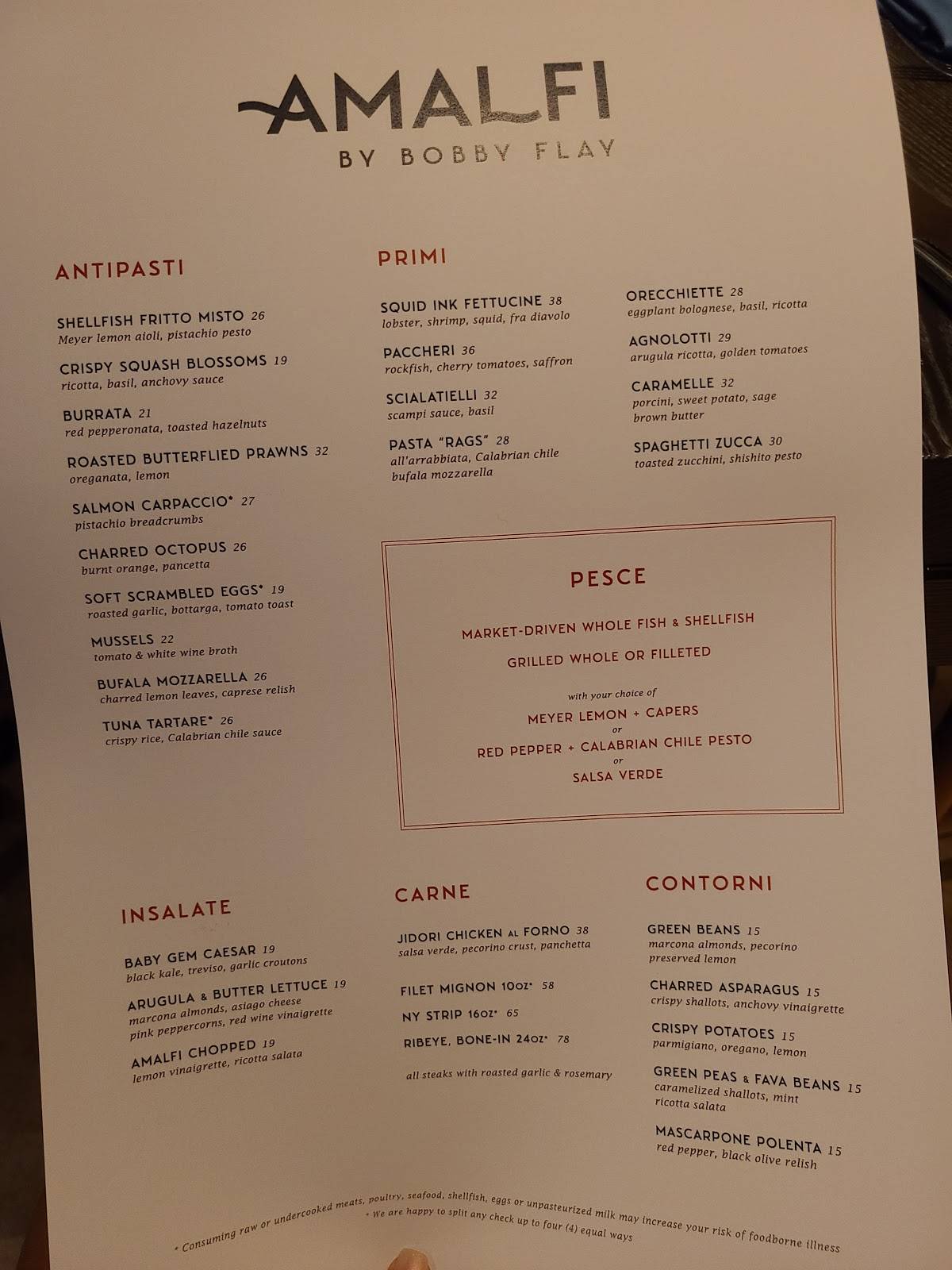Menu at Amalfi restaurant, Las Vegas
