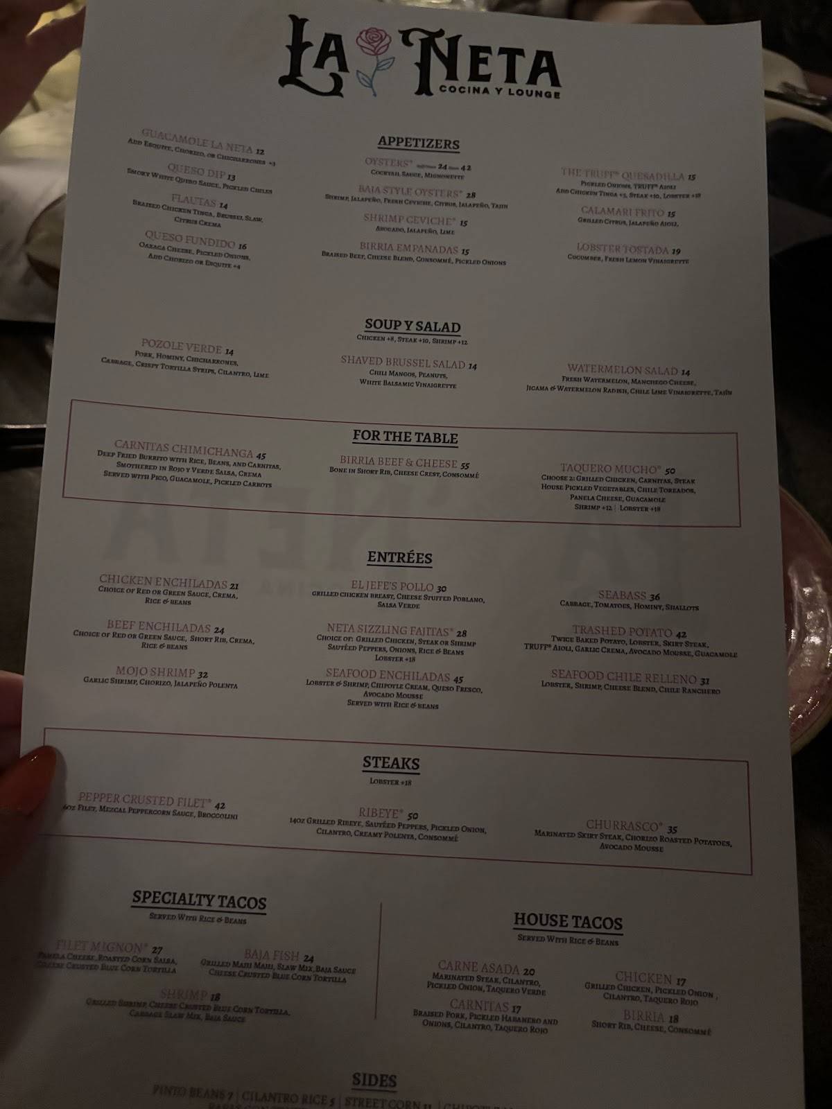 Menu at La Neta Cocina y Lounge pub & bar, Las Vegas