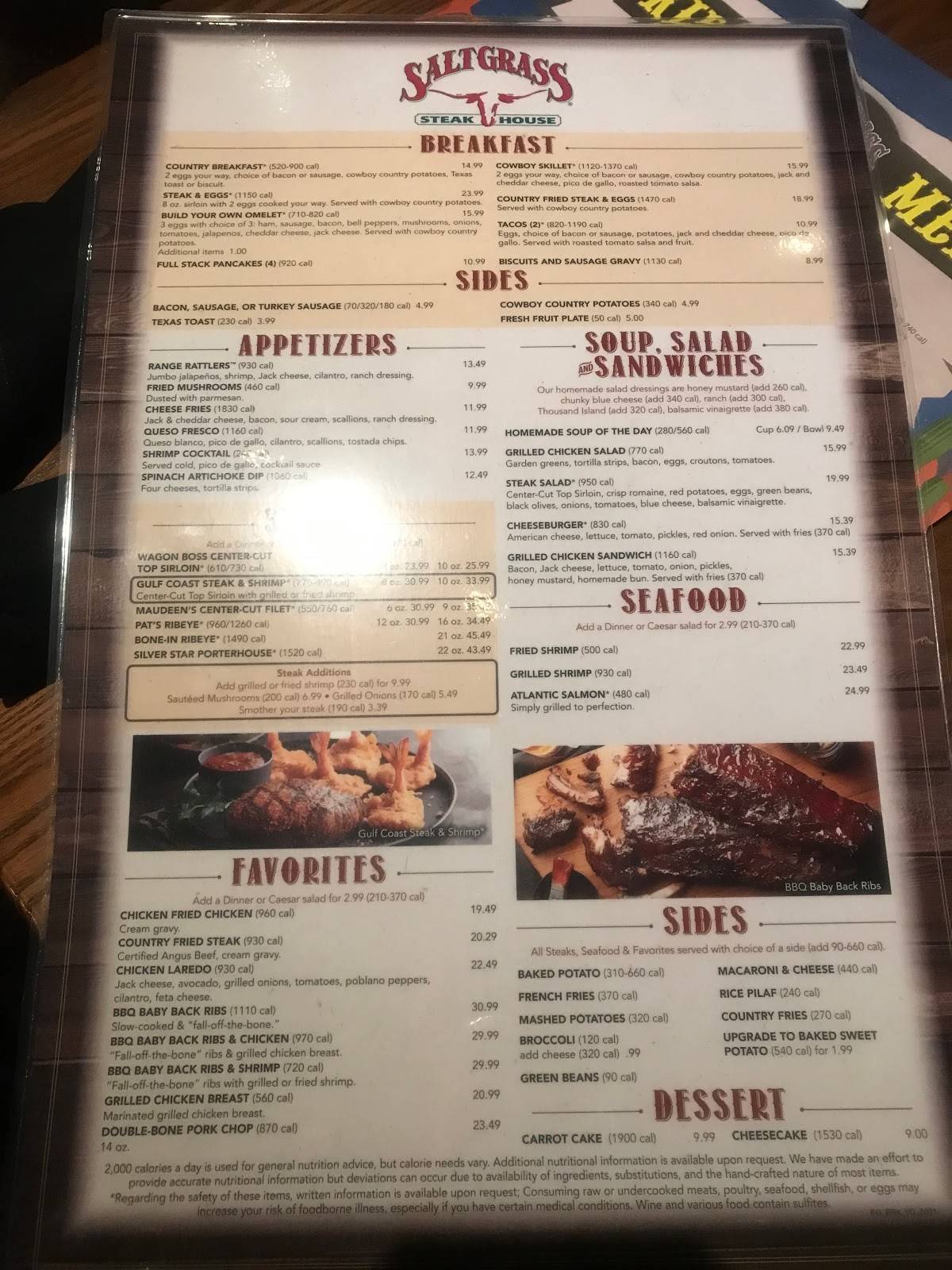 Menu at Saltgrass Steak House restaurant, Las Vegas