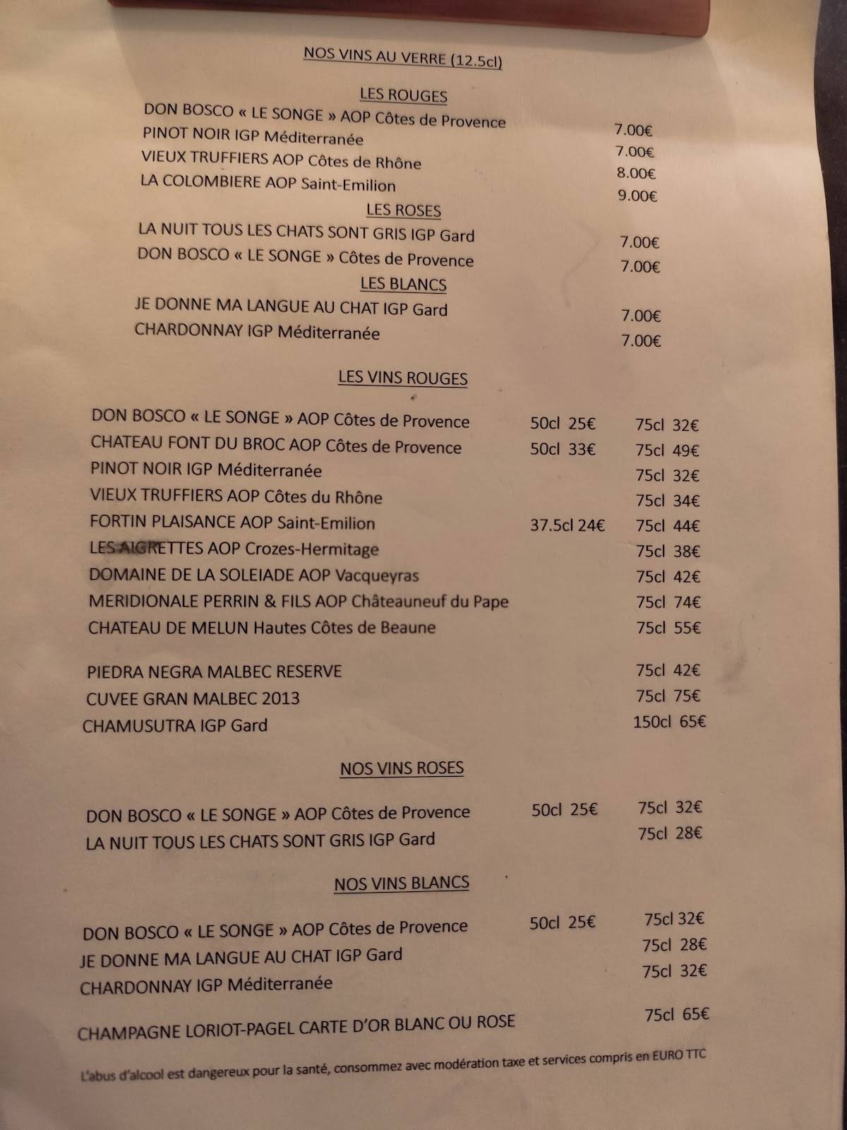 Menu au L’atelier du carnivore restaurant, Nice