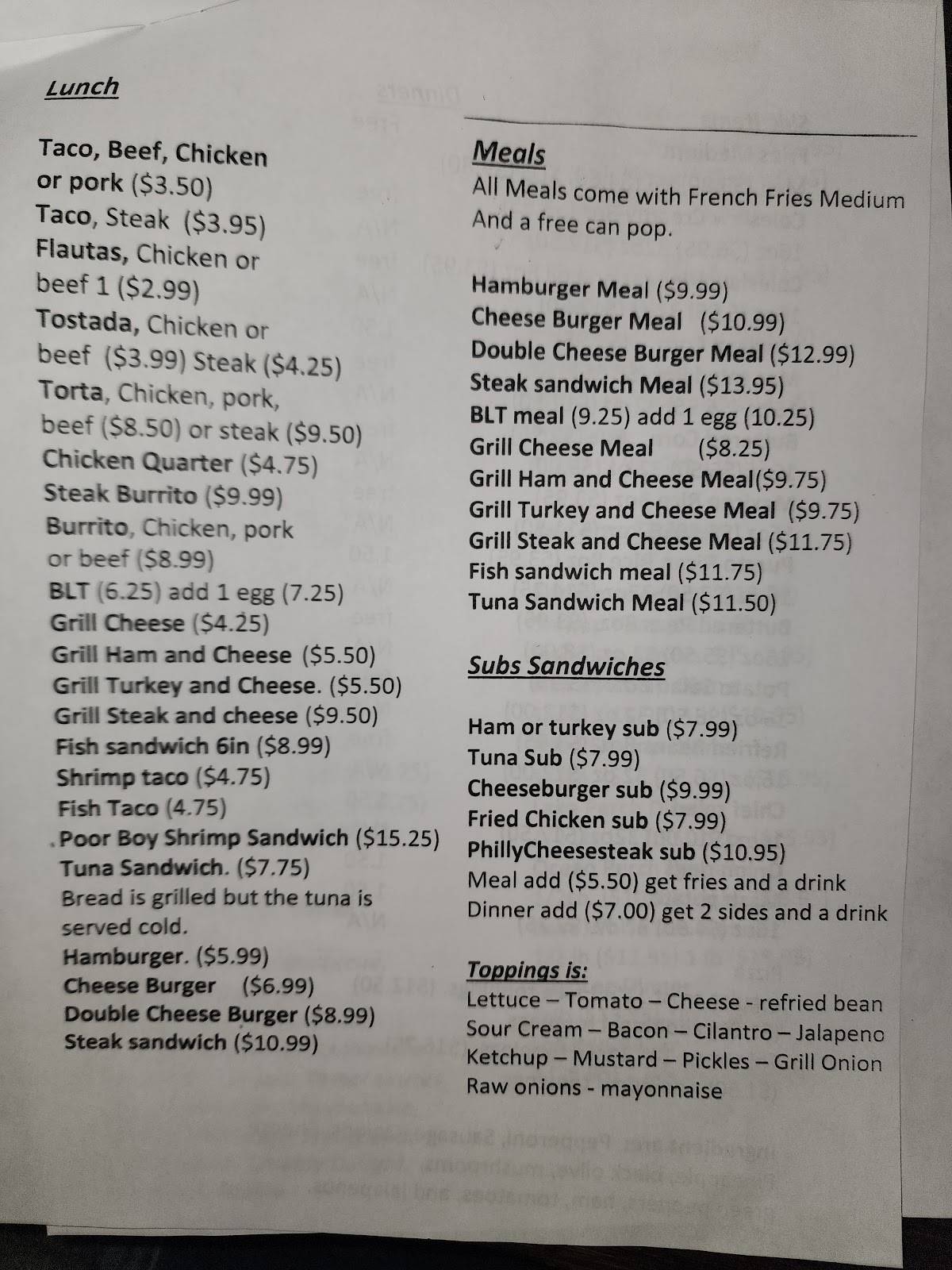 Menu at Latin bliss pizzeria, Hammond