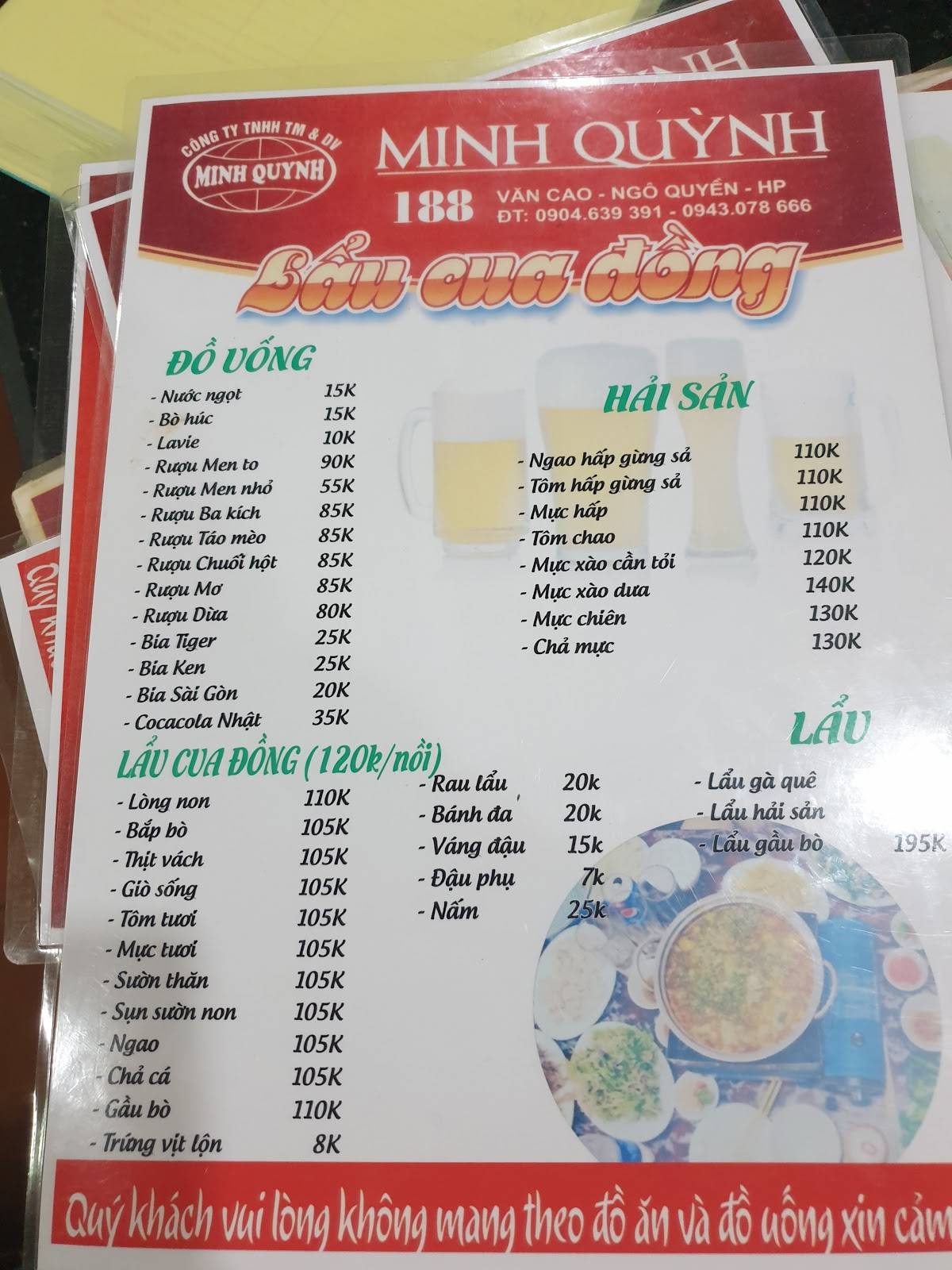 Menu at Lẩu Cua Đồng Minh Quỳnh restaurant, Hai Phong, 188 P. Văn Cao