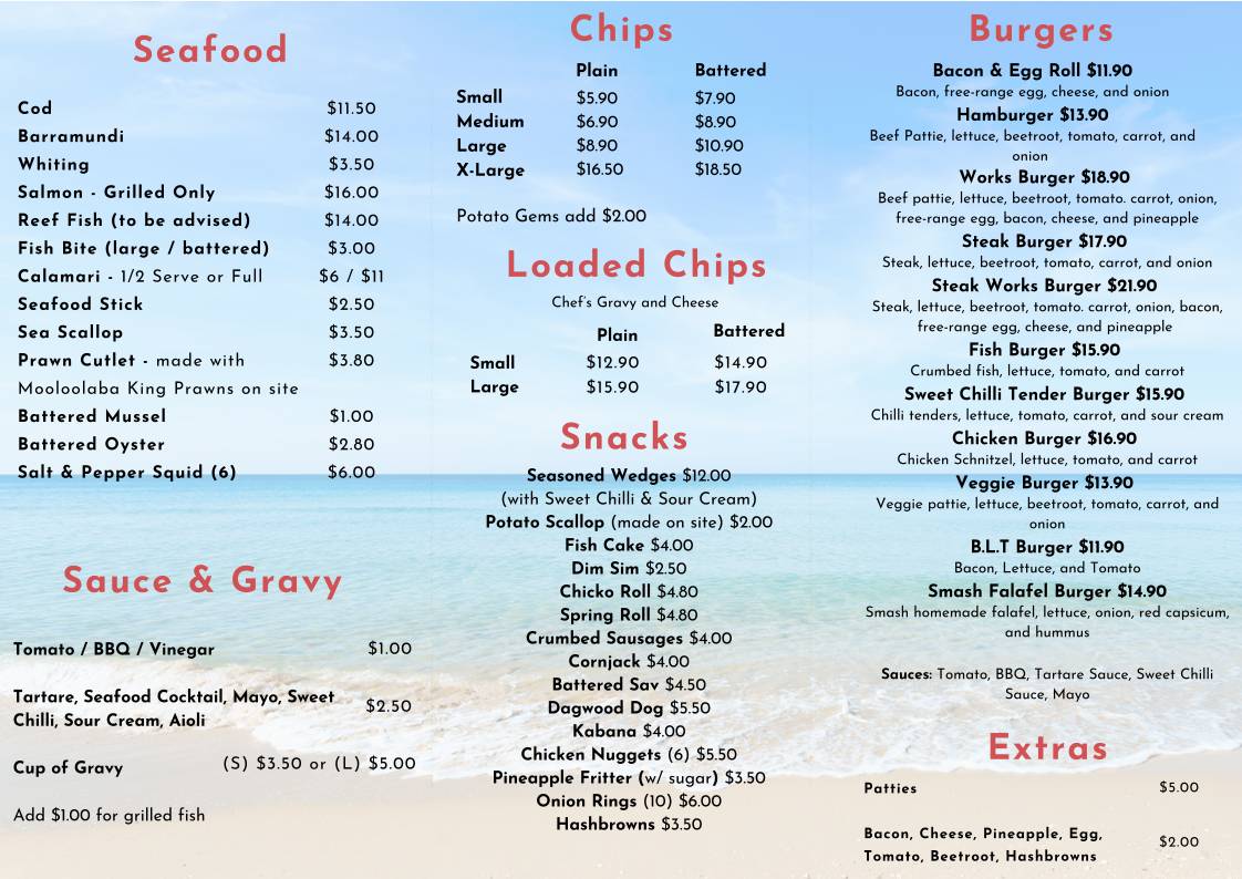 Menu at Laughing Lobster-Marcoola fast food, Sunshine Coast