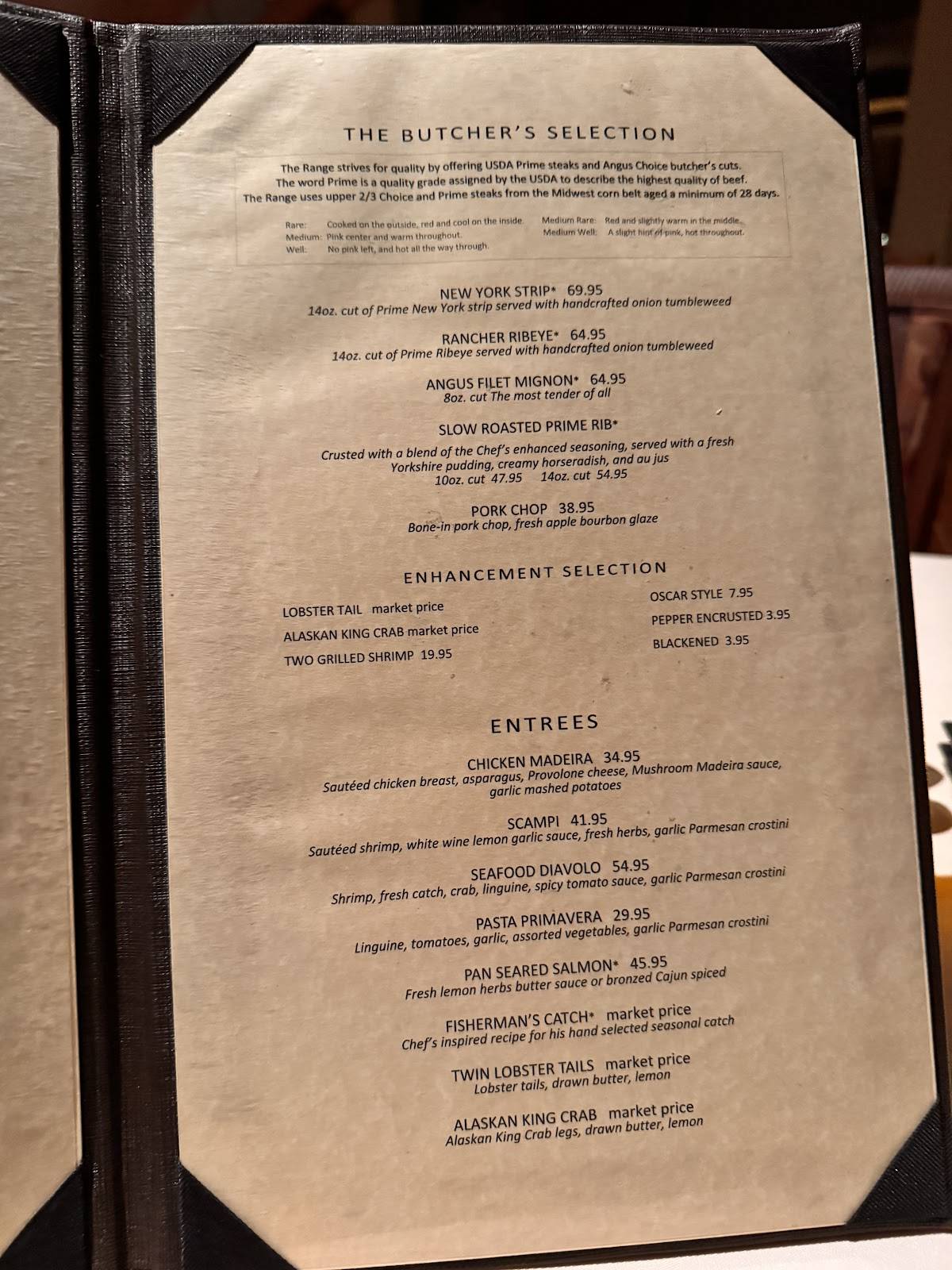 Menu at The Range Steakhouse, Laughlin
