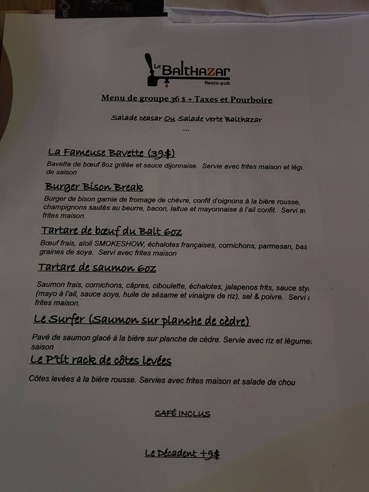 Menu au Le Balthazar Quartier DIX30 restaurant, Brossard