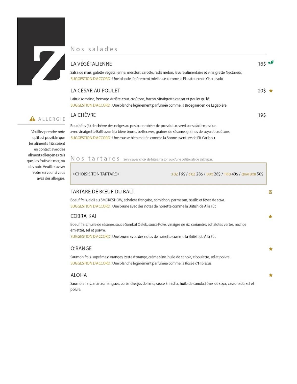 Menu au Le Balthazar Quartier DIX30 restaurant, Brossard