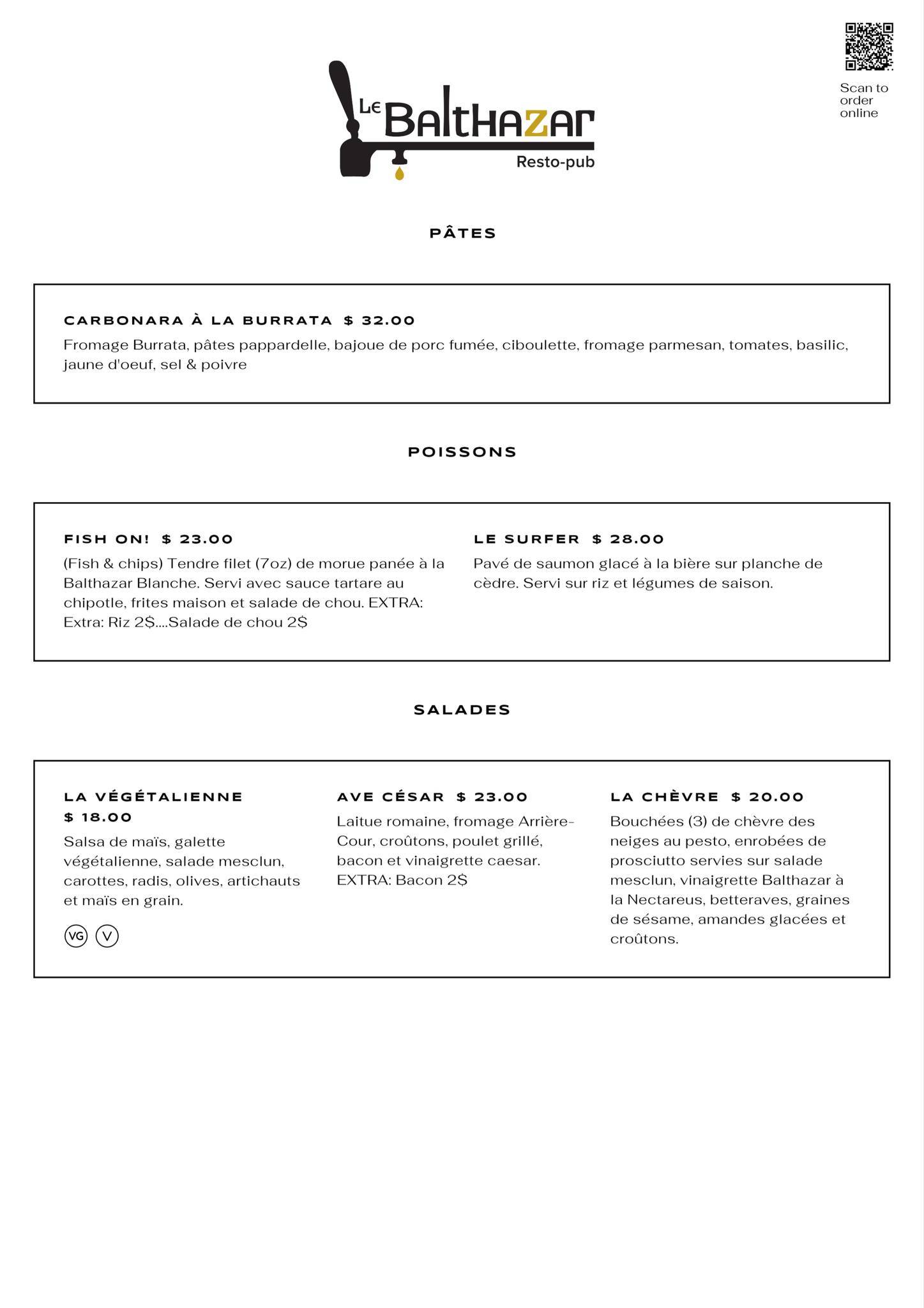Menu au Le Balthazar Quartier DIX30 restaurant, Brossard