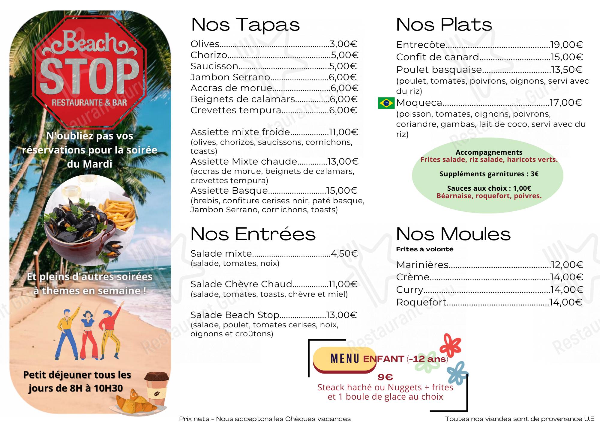 Menu au Le Beach Stop restaurant, Ondres