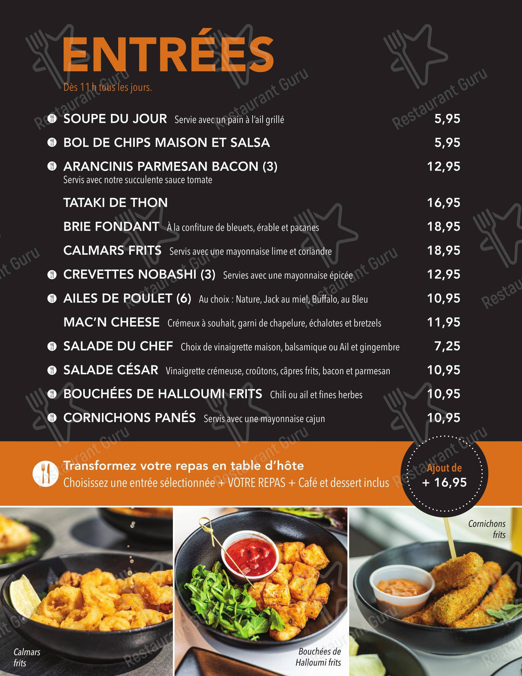 Menu au Restaurant Le Belvédère Sorel, Sorel-Tracy