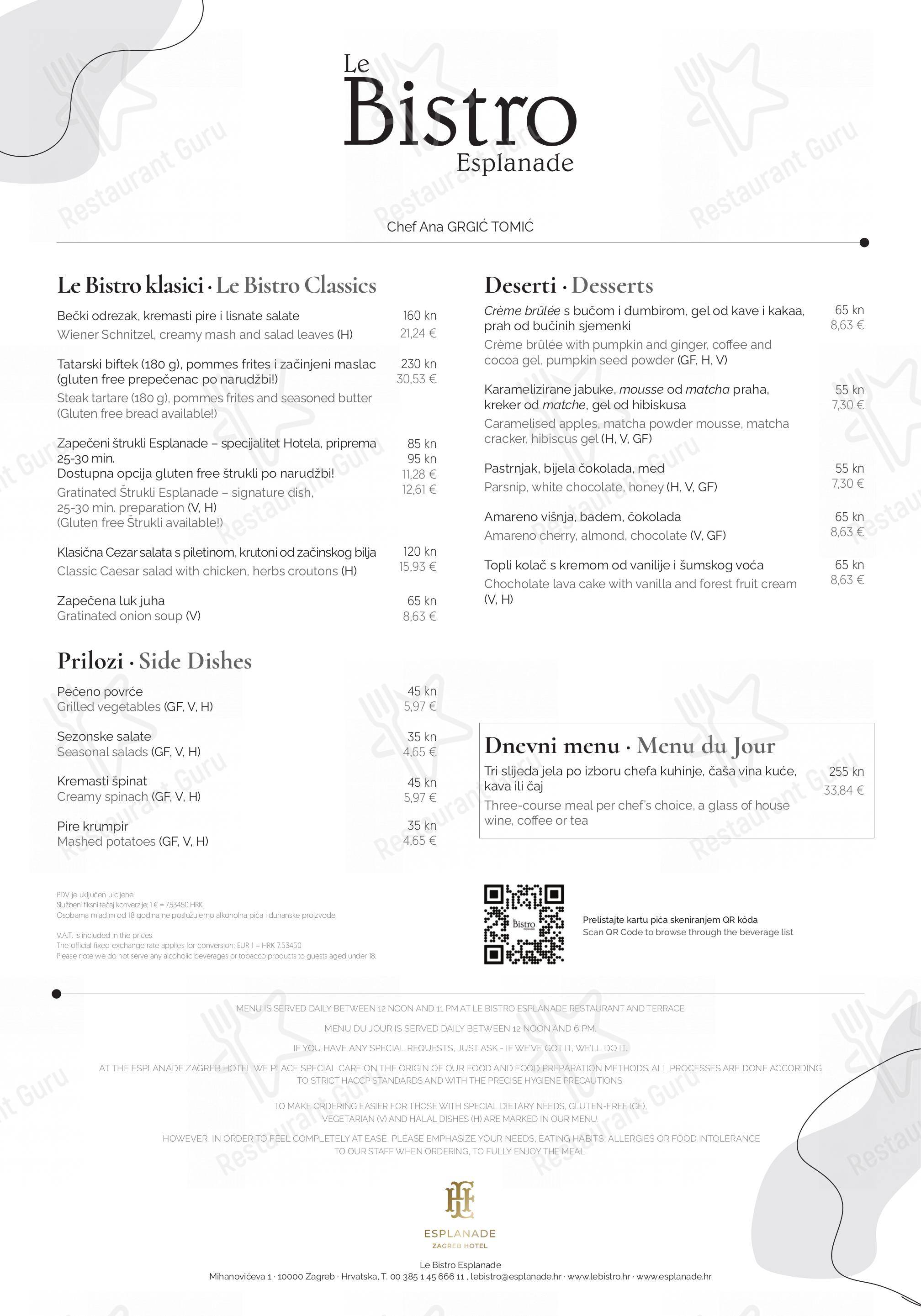 Menu da Le Bistro Esplanade ristorante, Zagabria