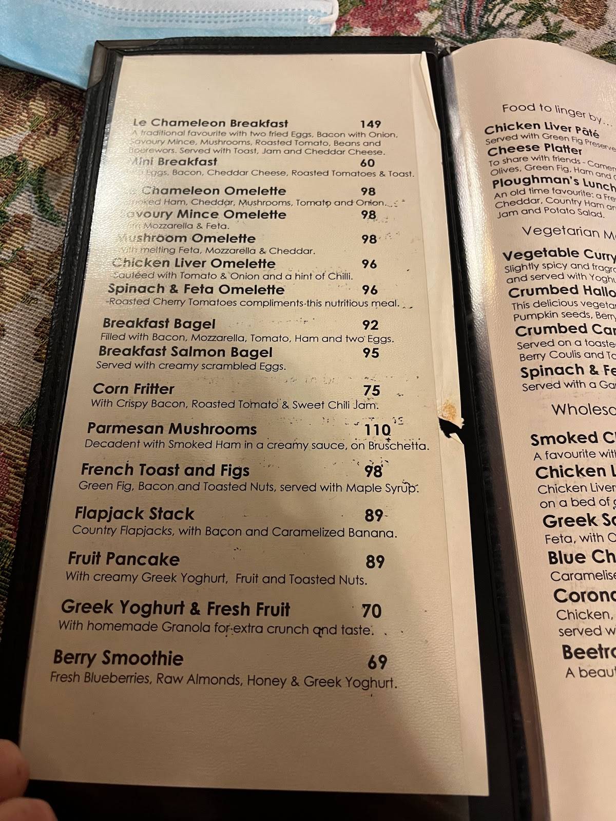Menu at Le Chameleon restaurant, Humansdorp