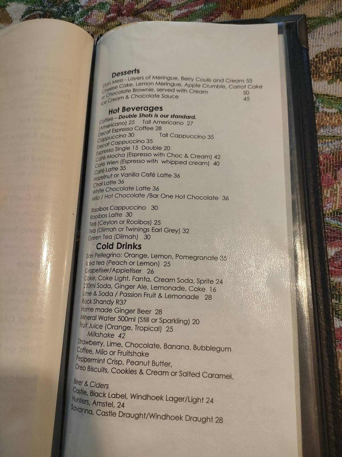 Menu at Le Chameleon restaurant, Humansdorp