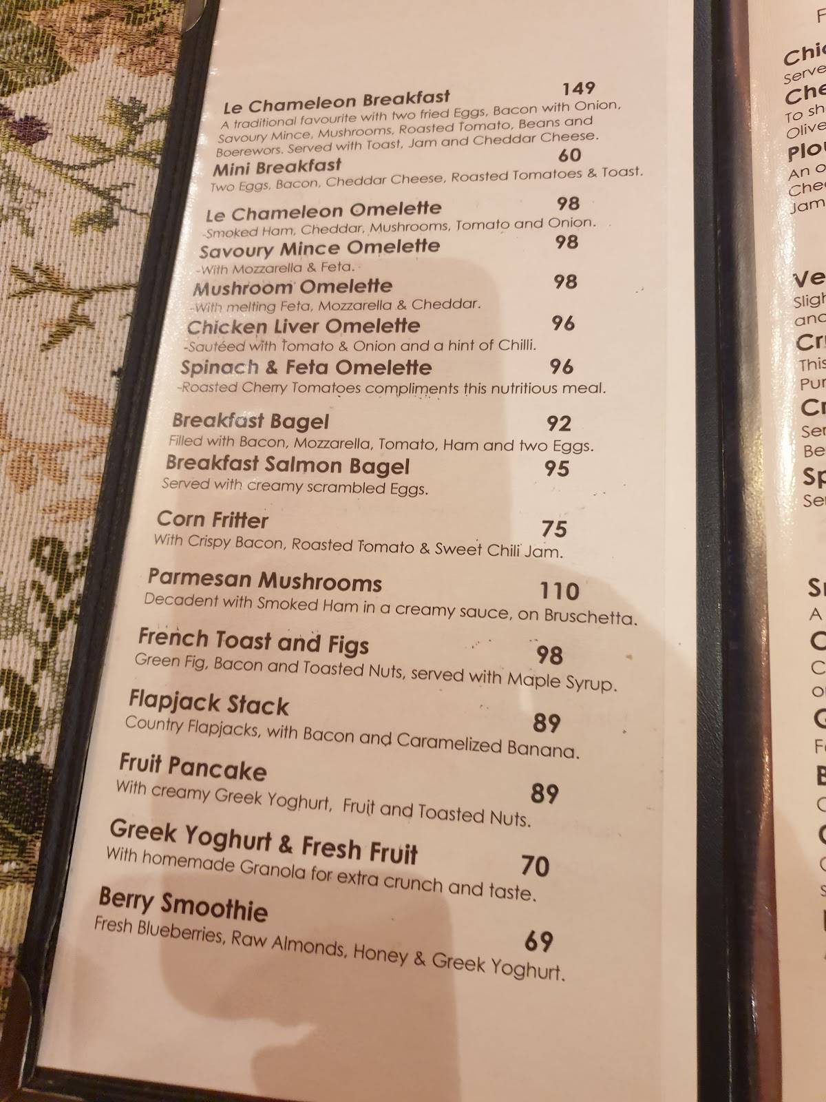 Menu at Le Chameleon restaurant, Humansdorp