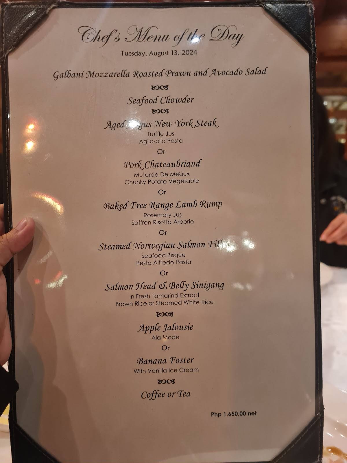 Menu at Le Chef cafe, Baguio