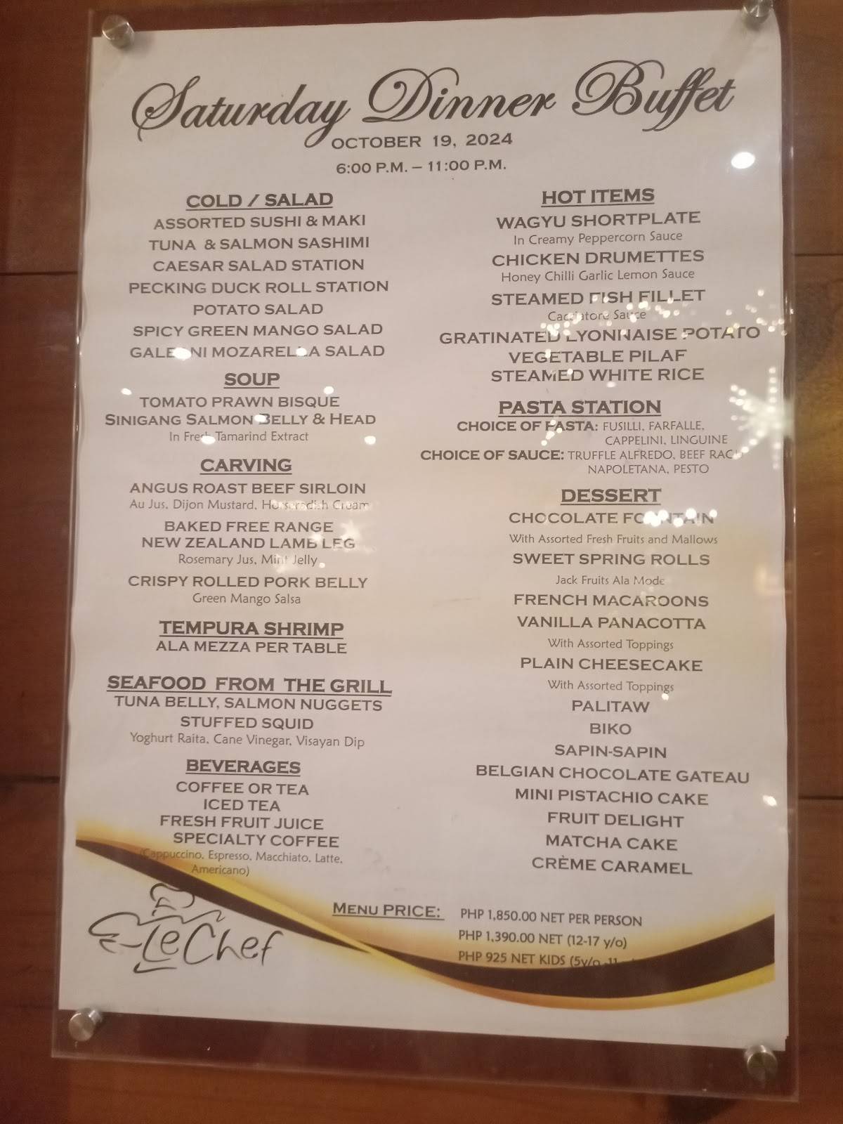 Menu at Le Chef cafe, Baguio