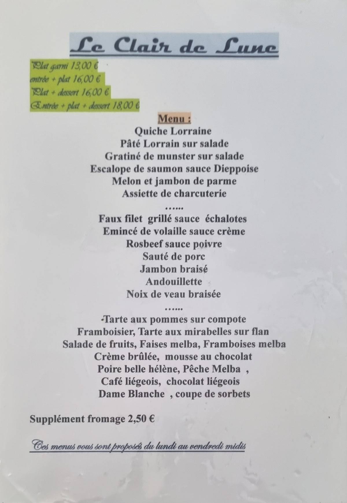 Menu au Le Clair de Lune restaurant, Verdun