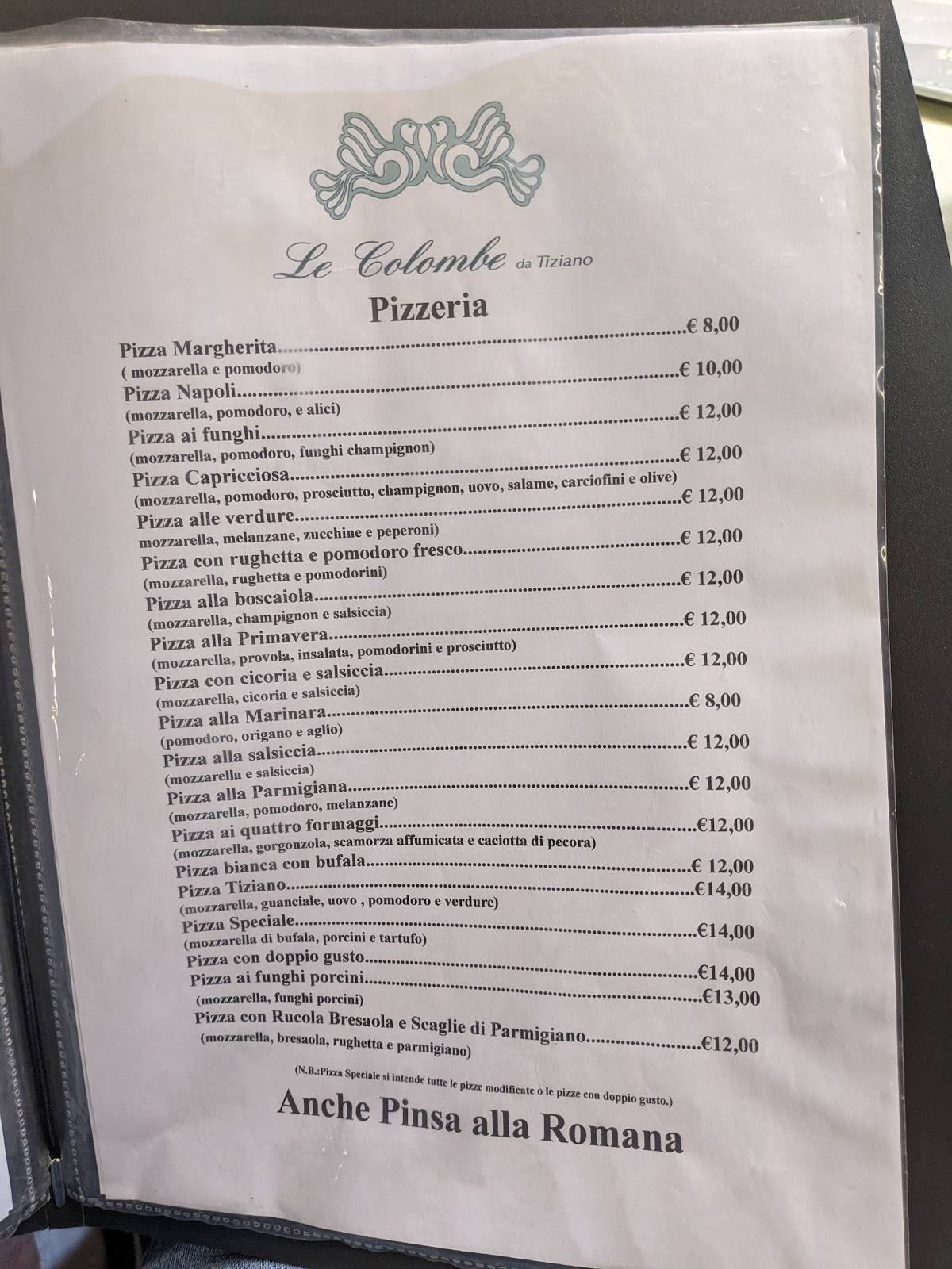Menu da Le Colombe Da Tiziano ristorante, Rocca Priora