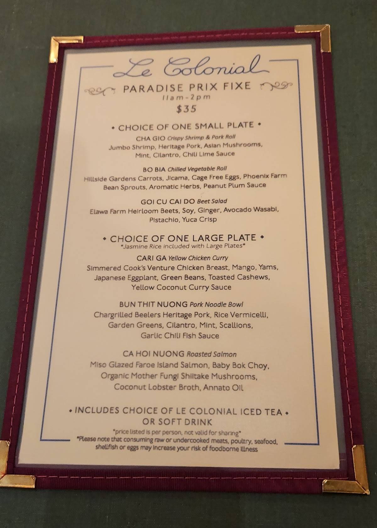 Menu at Le Colonial Lake Forest restaurant, Lake Forest