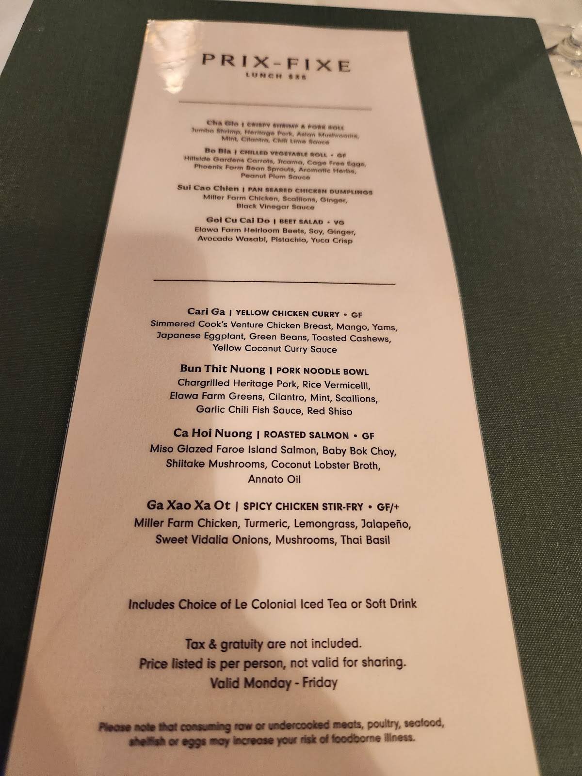 Menu at Le Colonial Lake Forest restaurant, Lake Forest