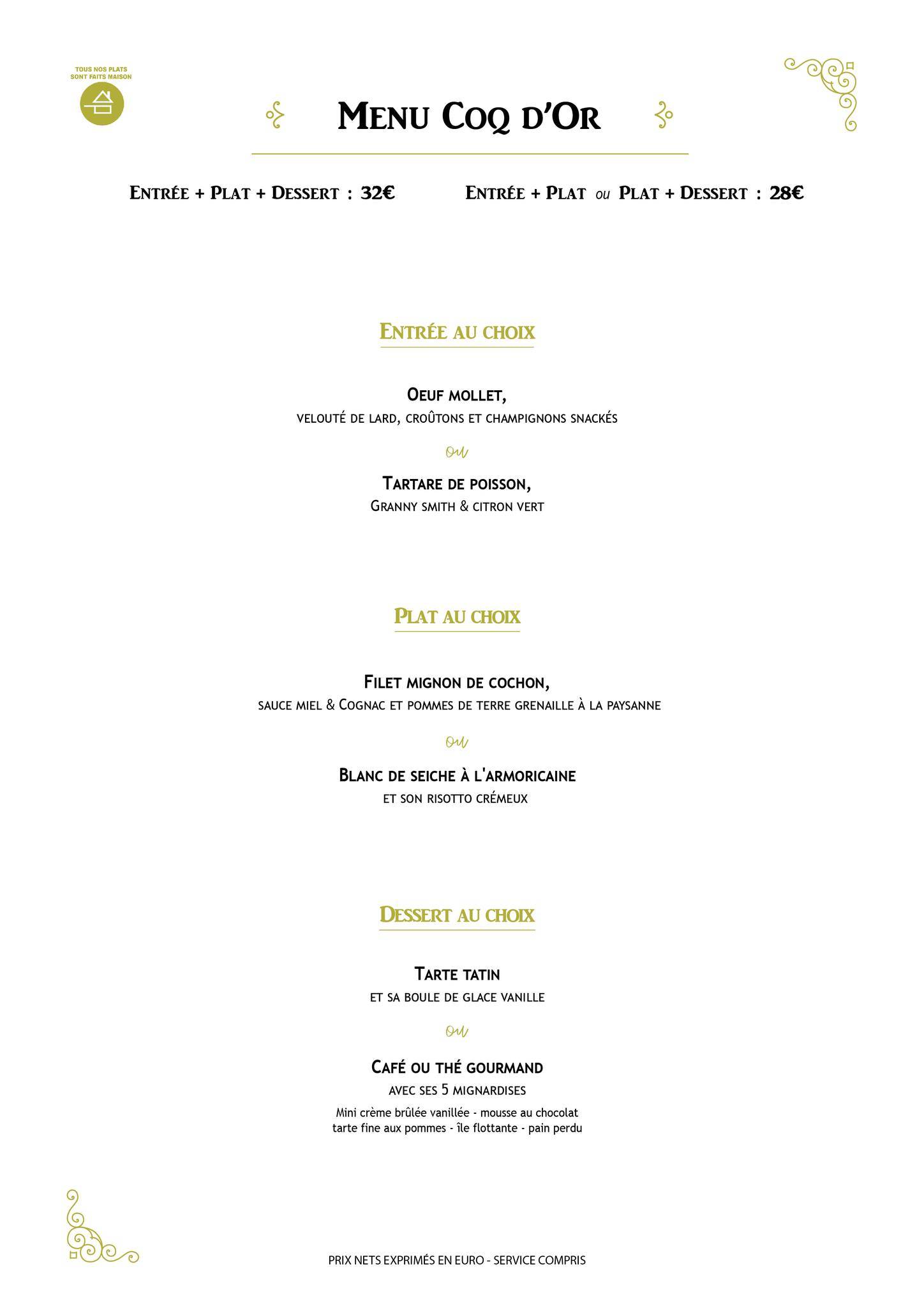 Menu au Le Coq d'Or restaurant, Cognac