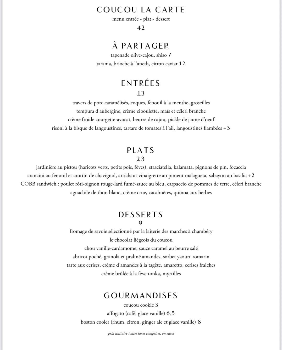 Carta del restaurante Le Coucou, Paris