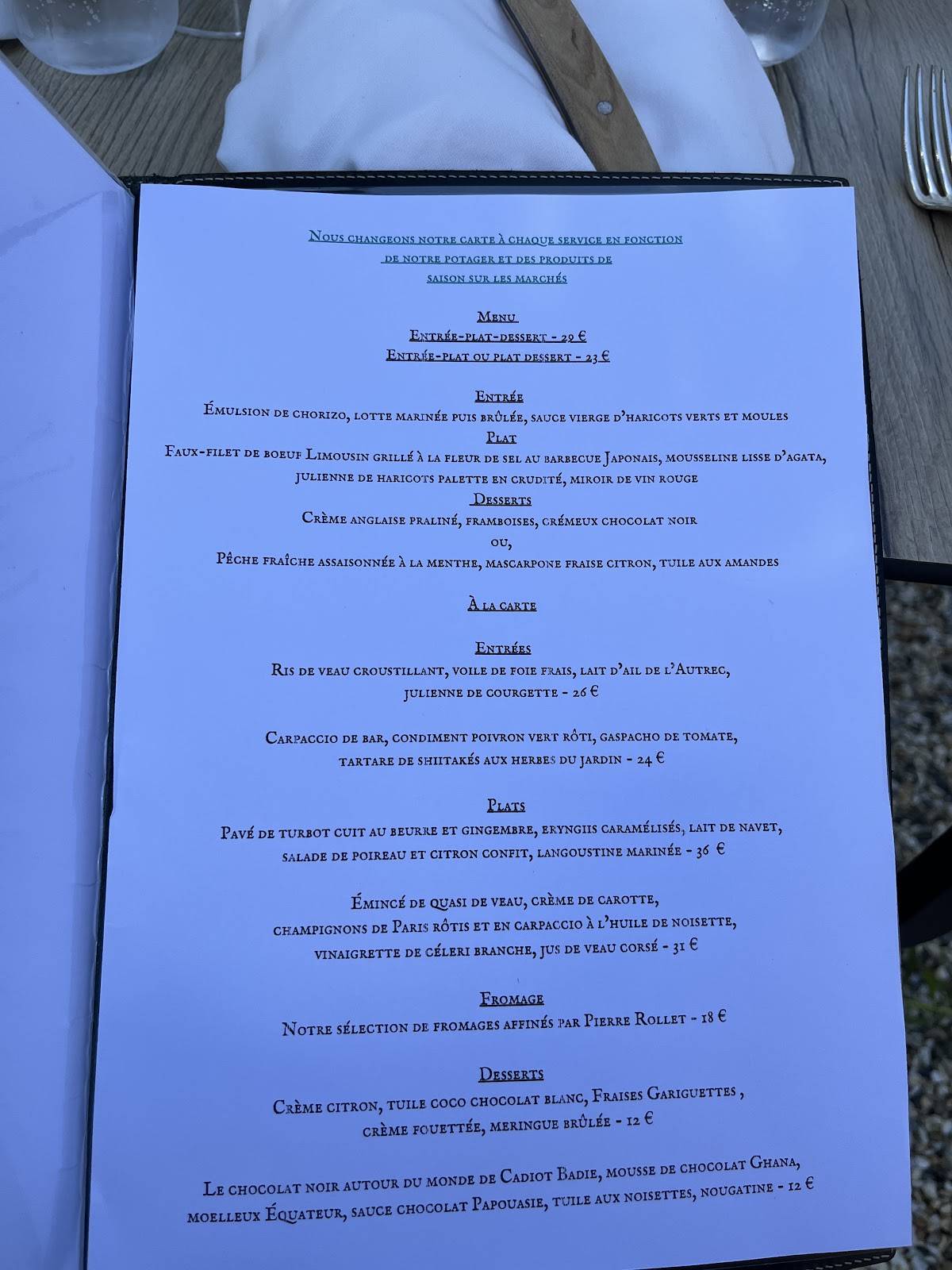 Menu at Le Jardin restaurant, Saint-Émilion