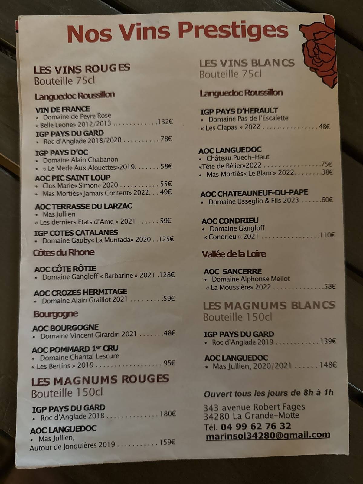 Menu au Le Marin Sol restaurant, La Grande-Motte