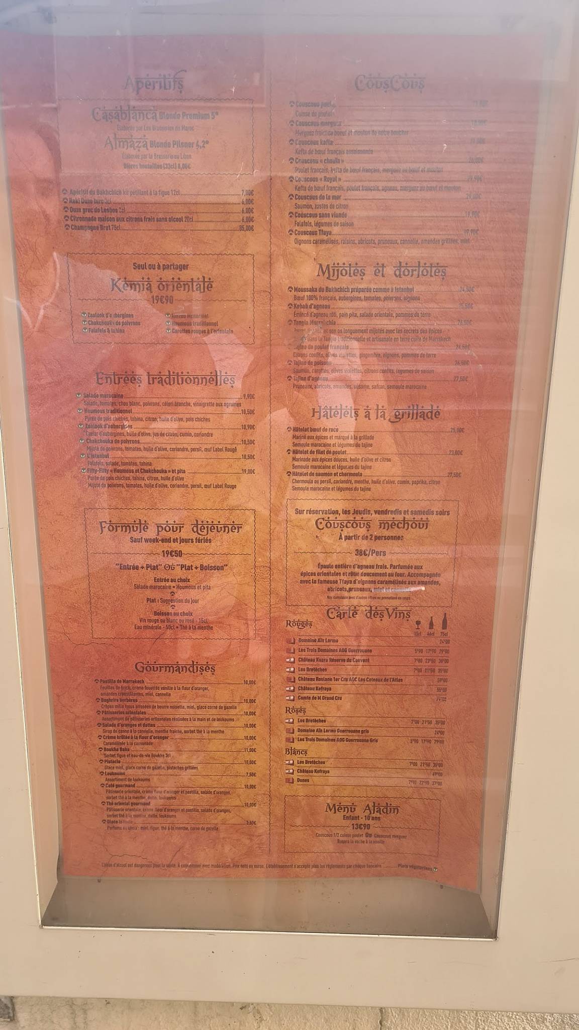 Menu at Le Marrakech restaurant, Annecy